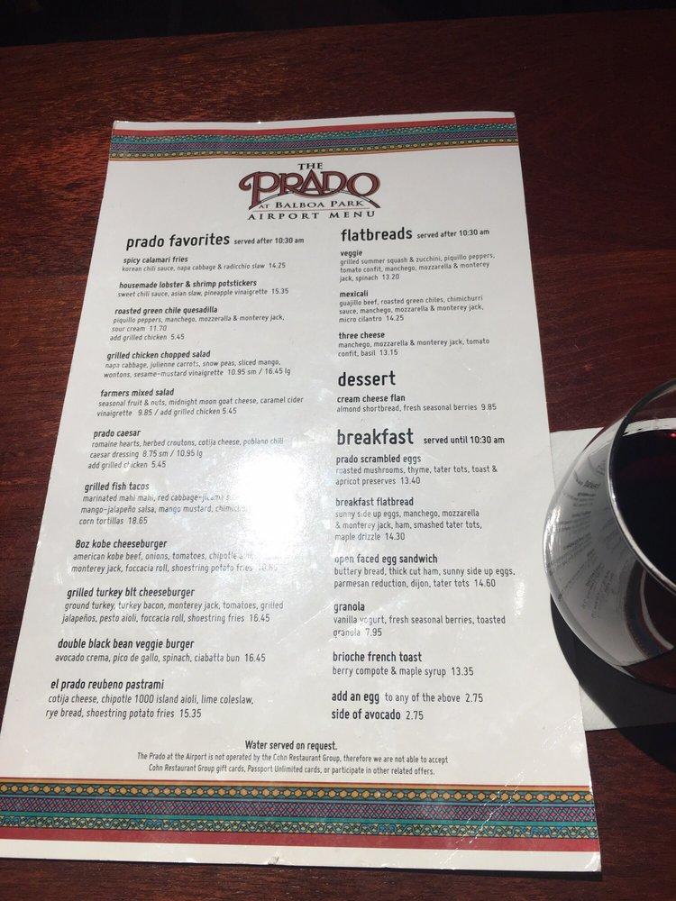 Menu at Prado at the Airport pub & bar, San Diego