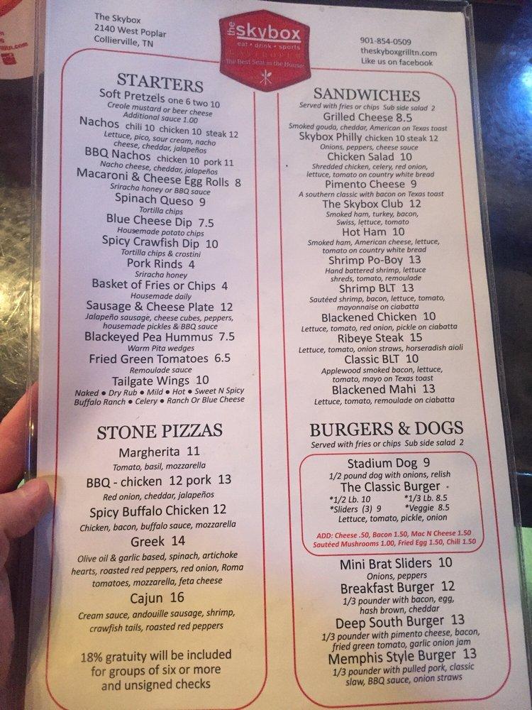 Menu at The Skybox Grill pub & bar, Collierville, W Poplar Ave #101