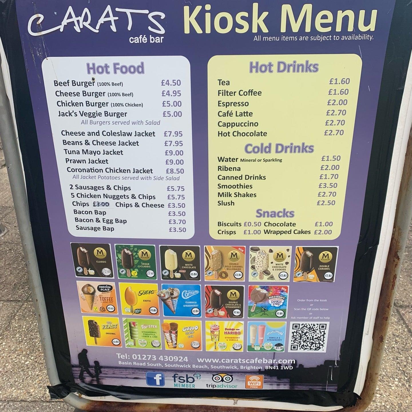 Menu at Carats Cafe Bar on the beach, Hove