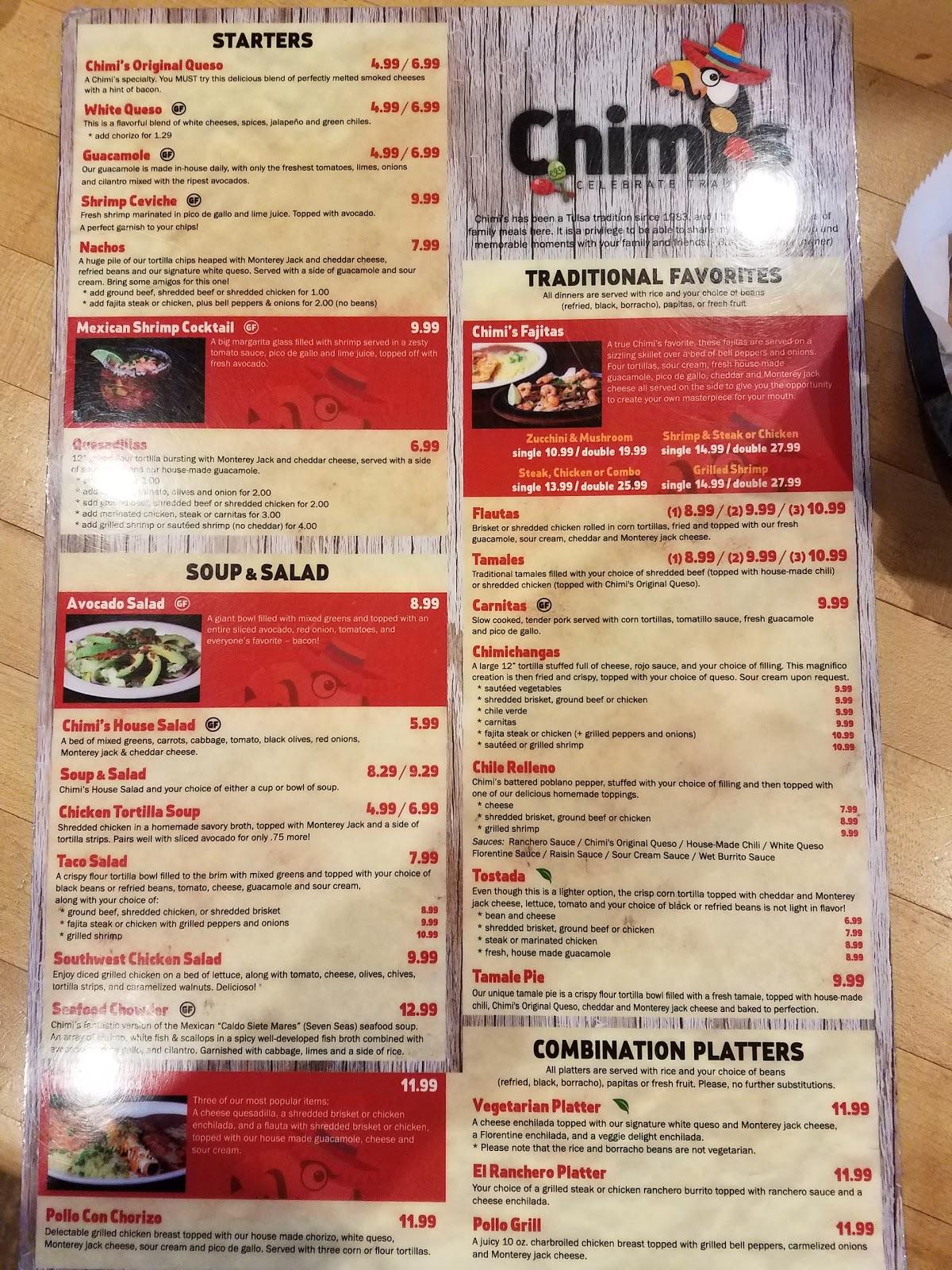 Menu at Chimi's Mexican Restaurant, Tulsa, E 81st St