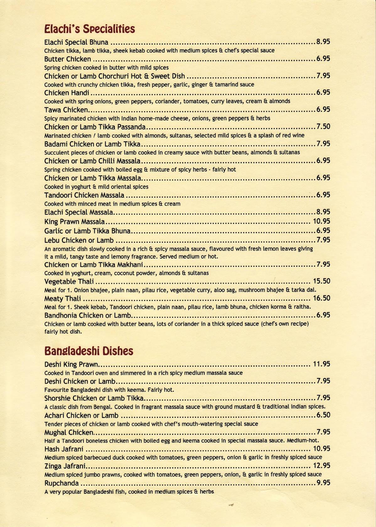 Menu at Elachi Restaurant, Bridgwater