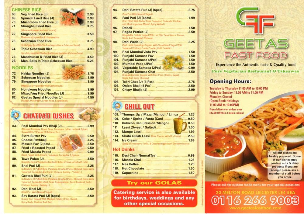 Menu at Geetas Fast Food, Leicester