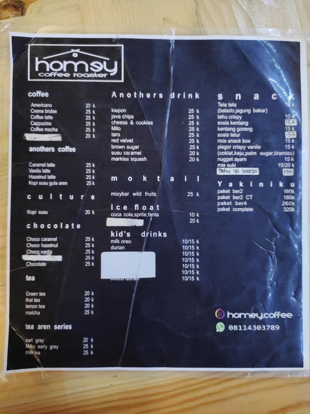 Menu at Homey coffee, Wawondula