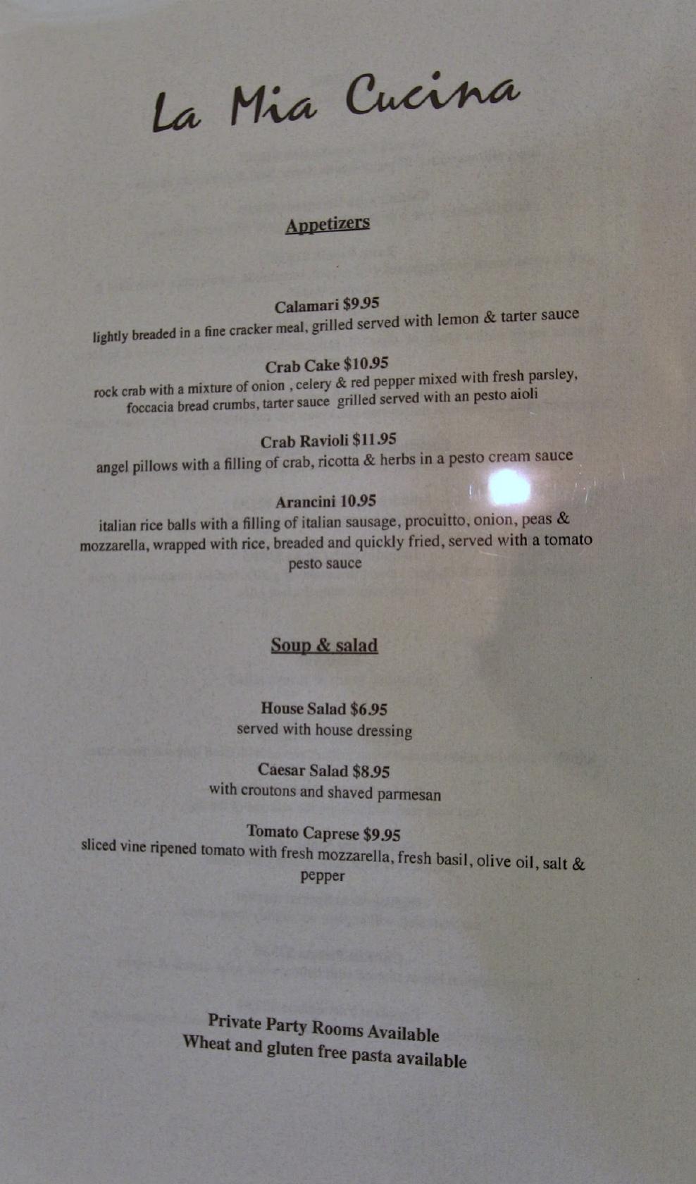 Menu at La Mia Cucina restaurant, Pacific Grove