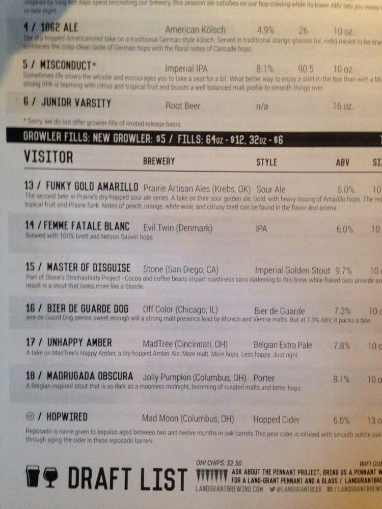 Menu at Land-Grant Brewing Company pub & bar, Columbus