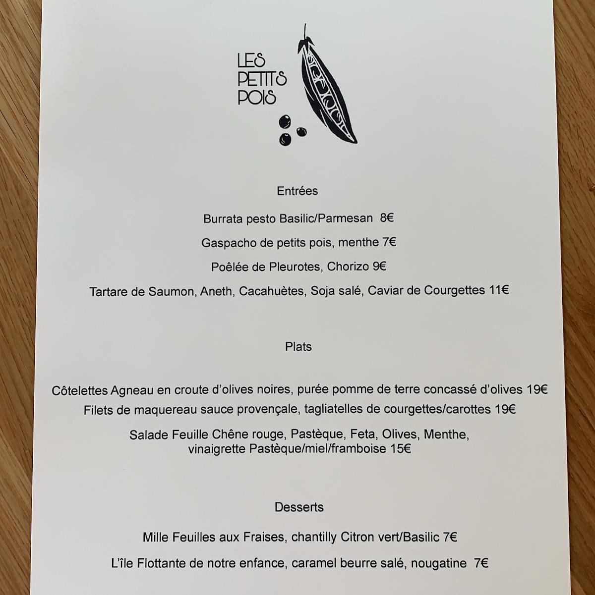 Menu au Les Petits Pois restaurant, Paris
