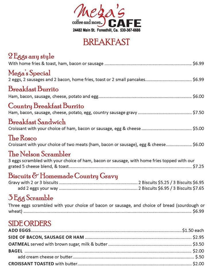 Menu at Mega's Café cafe, Foresthill