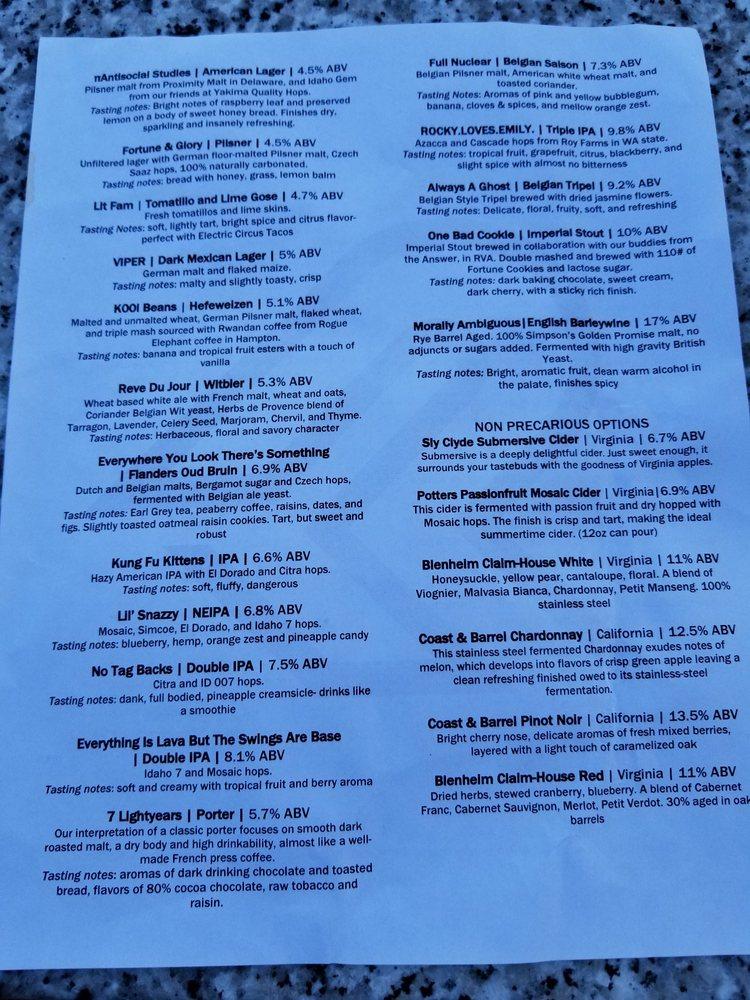 Menu at Precarious Beer Project pub & bar, Williamsburg