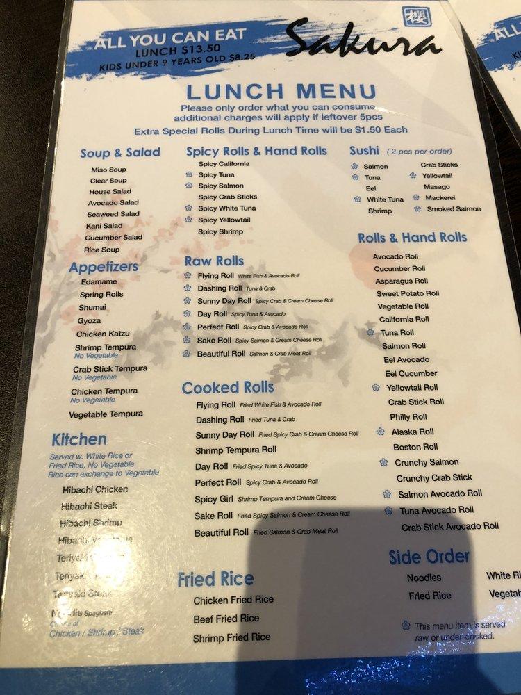 Menu at Sakura restaurant, Moyock