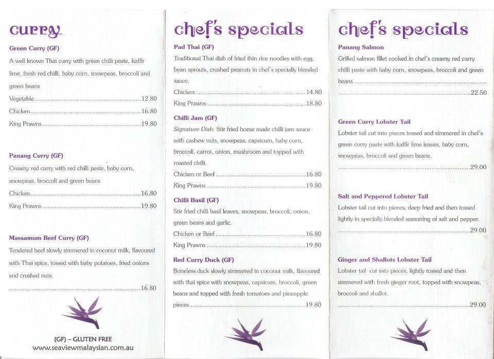 Menu at Seaview Malaysian restaurant, Redhead
