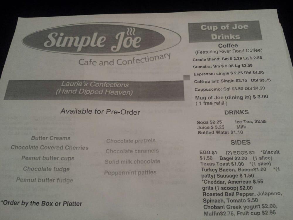 Menu at Simple Joe Cafe, Baton Rouge
