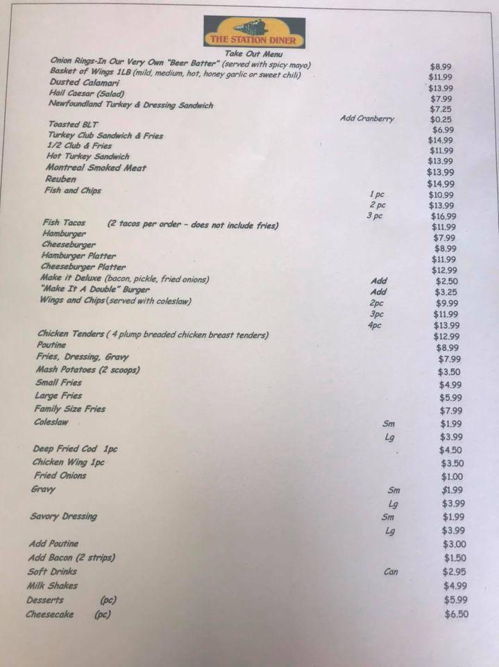 Menu at The Station Diner restaurant, Holyrood