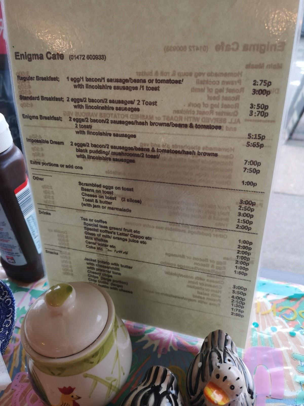 Menu at Enigma cafe, Cleethorpes