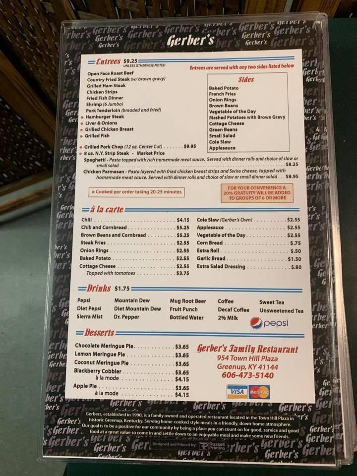 Menu at Gerber's Restaurant, Greenup, Town Hill Plaza