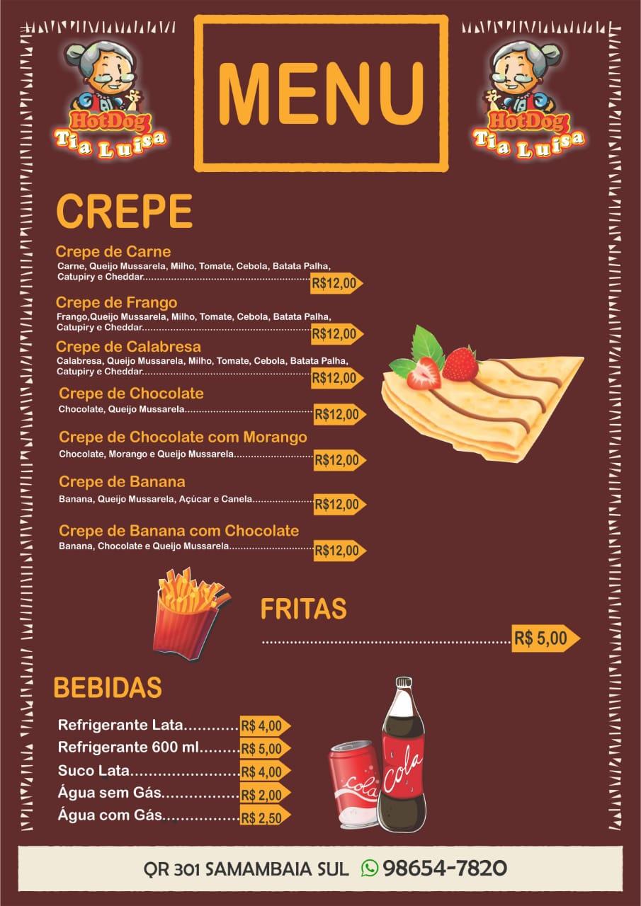 Menu at Hamburgueria Tia Luisa restaurant, Brasília