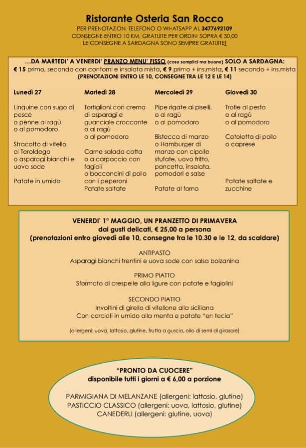 Menu at Osteria San Rocco restaurant, Sardagna