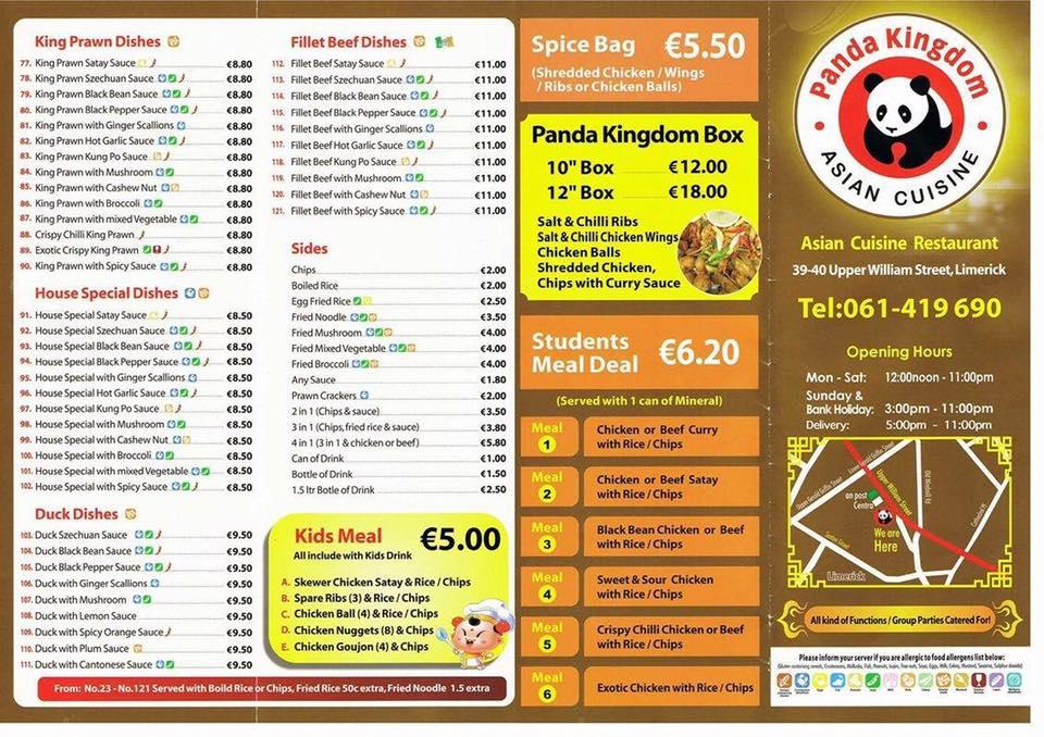 Menu at Panda Kingdom restaurant, Limerick