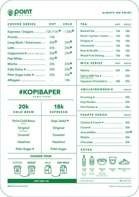 Menu at Point Coffee, South Tangerang, Jl. Jombang Raya No.77