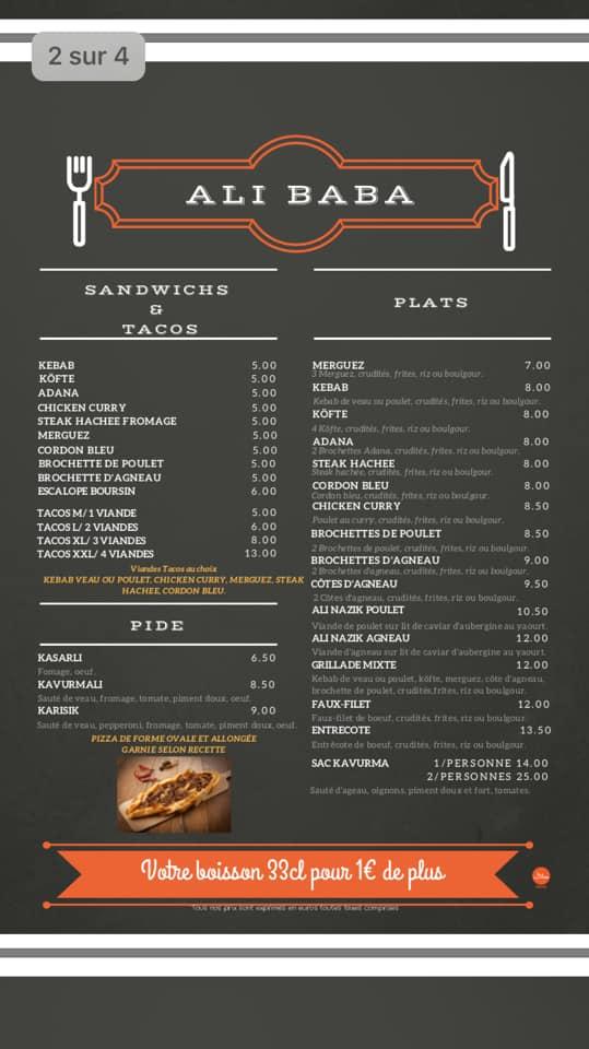 Menu at Ali baba restaurant, Valenton, 34 Rue de la Sablonnière