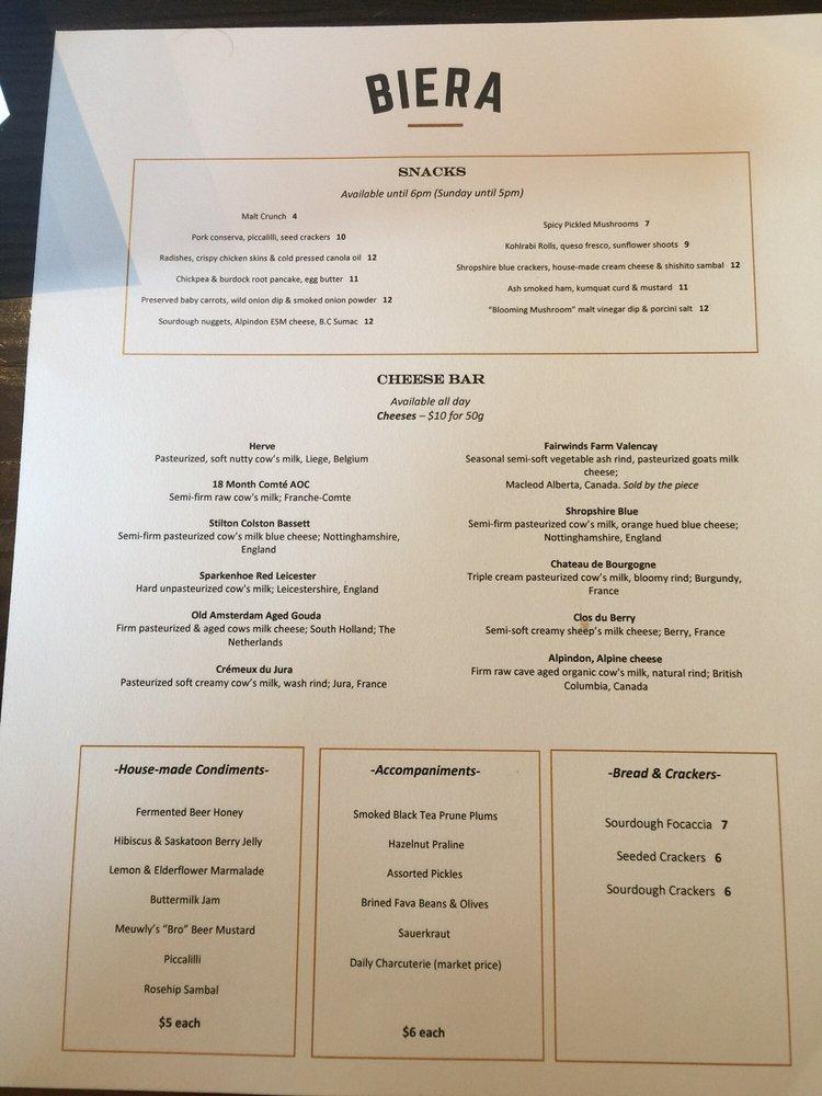Menu at Biera pub & bar, Edmonton