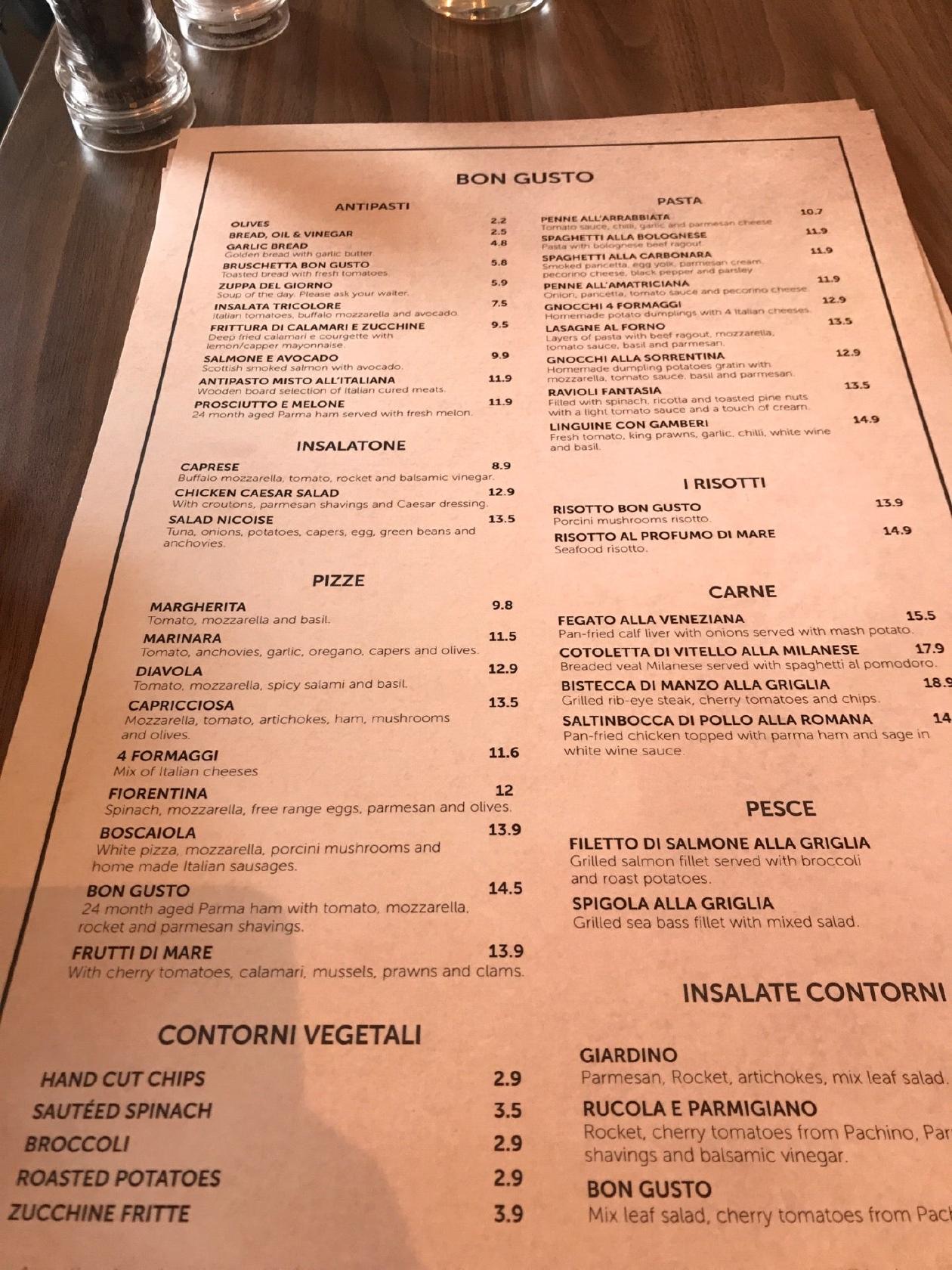 Carta del pub y bar Bon Gusto, Londres