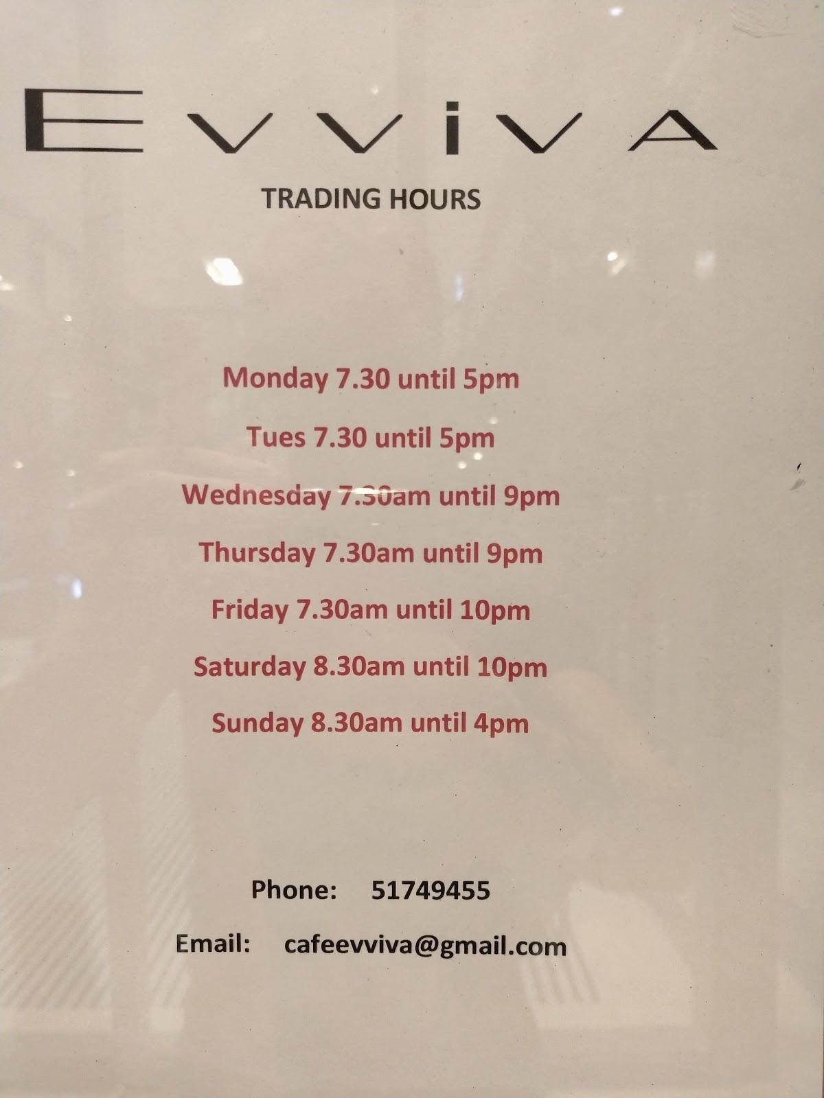 Menu at Cafe Evviva, Traralgon