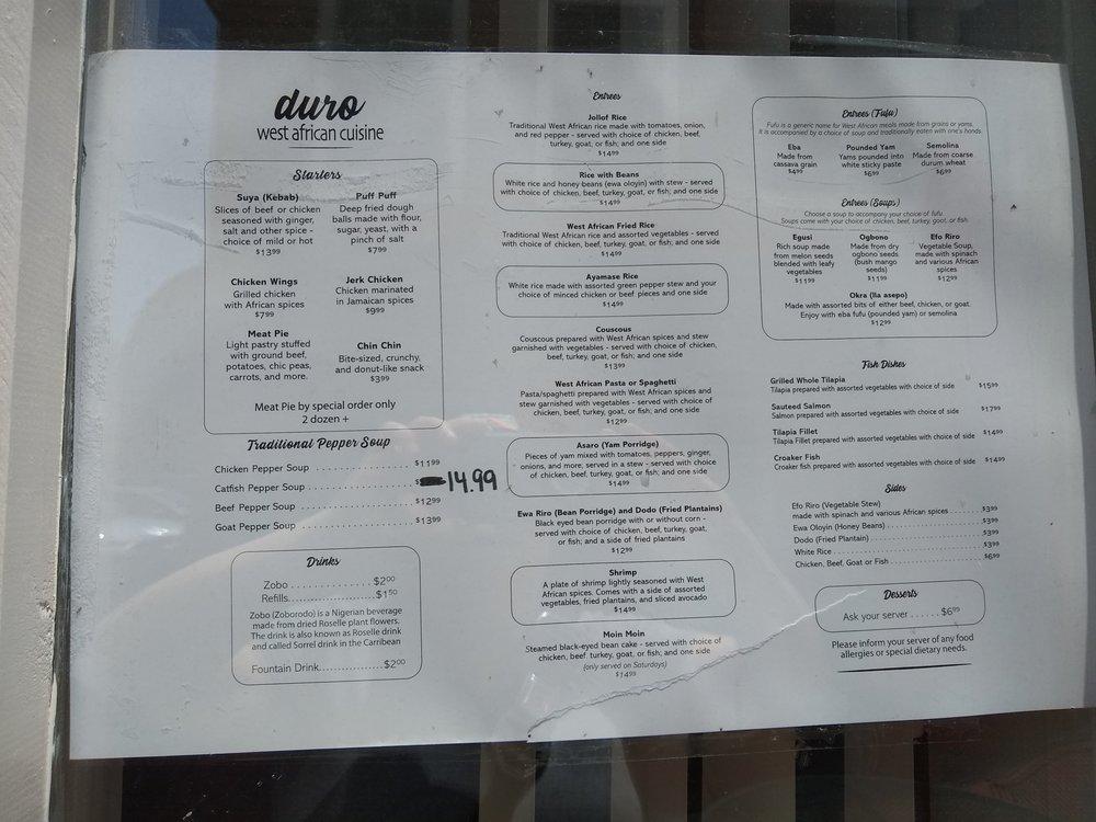 Menu at Duro West African Cuisine restaurant, South Hadley