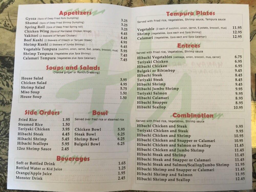 Menu at Hanaya Garden Japanese Grill restaurant, Charlotte