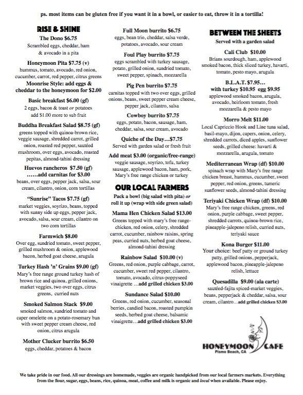 Menu at Honeymoon Cafe, Pismo Beach