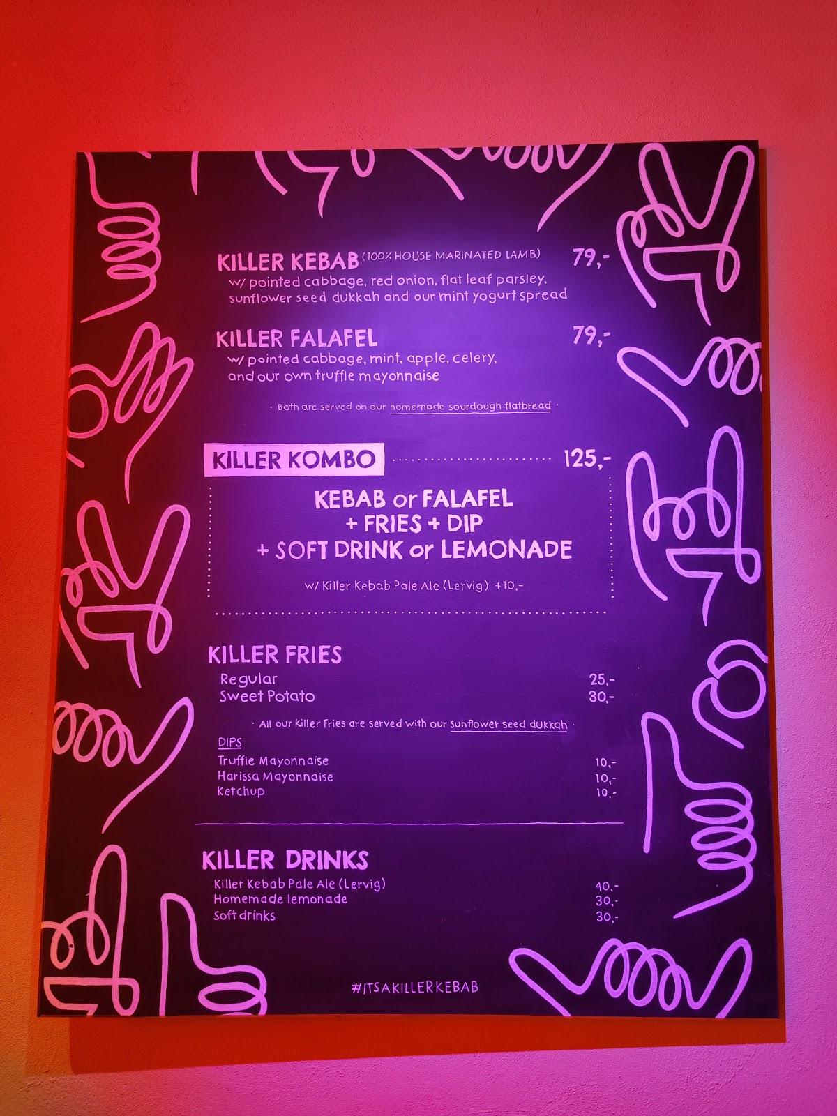 Menu at Killer Kebab - Viktoriagade restaurant, Copenhagen