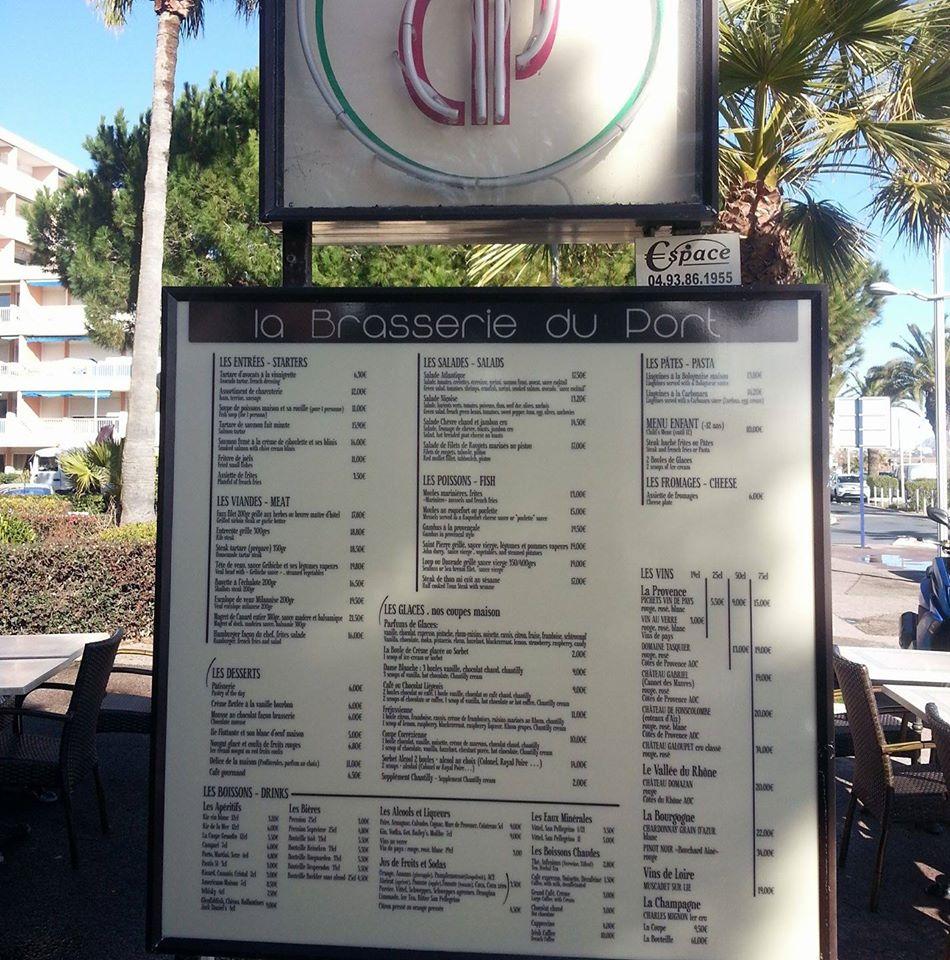 Menu at La Brasserie Du Port restaurant, Fréjus