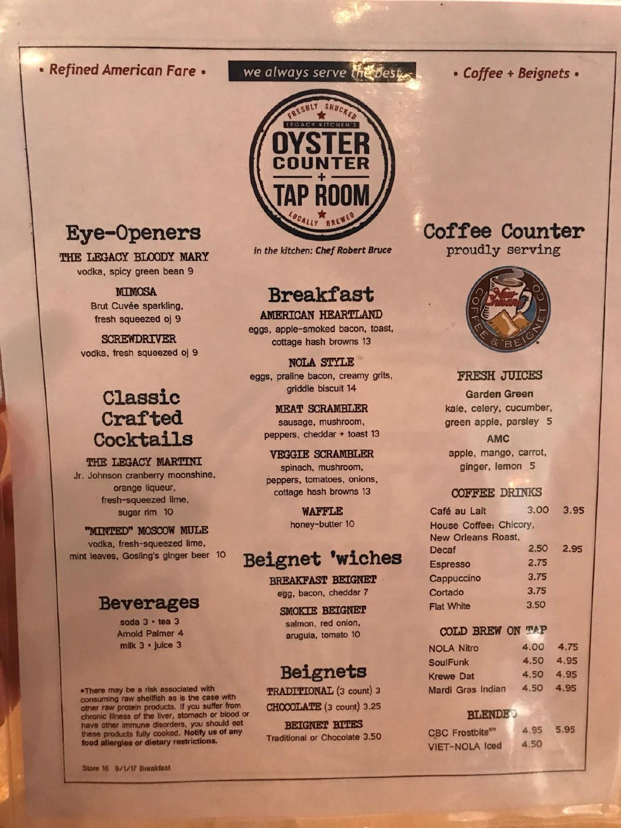 Menu at Legacy Kitchen's Tacklebox restaurant, New Orleans