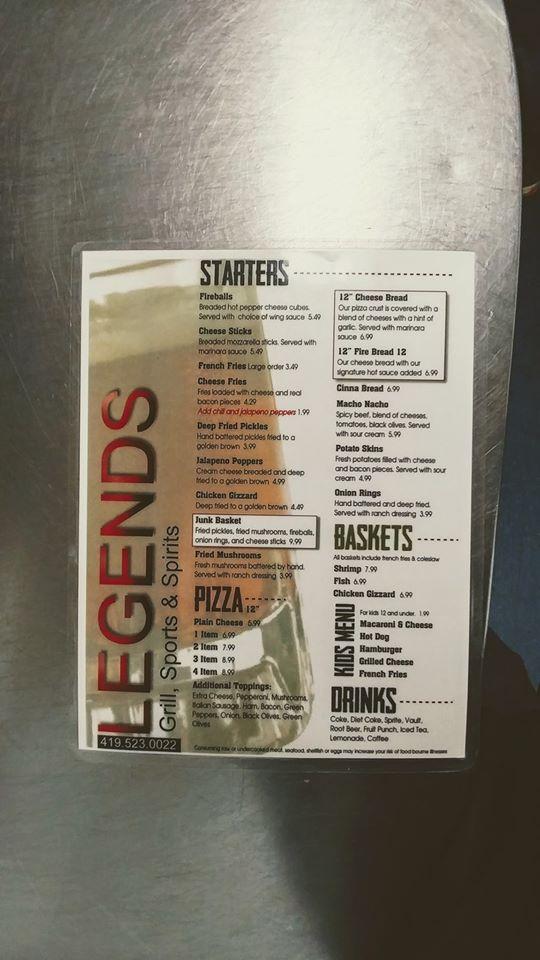 Menu at Legends GSS pub & bar, Ottawa