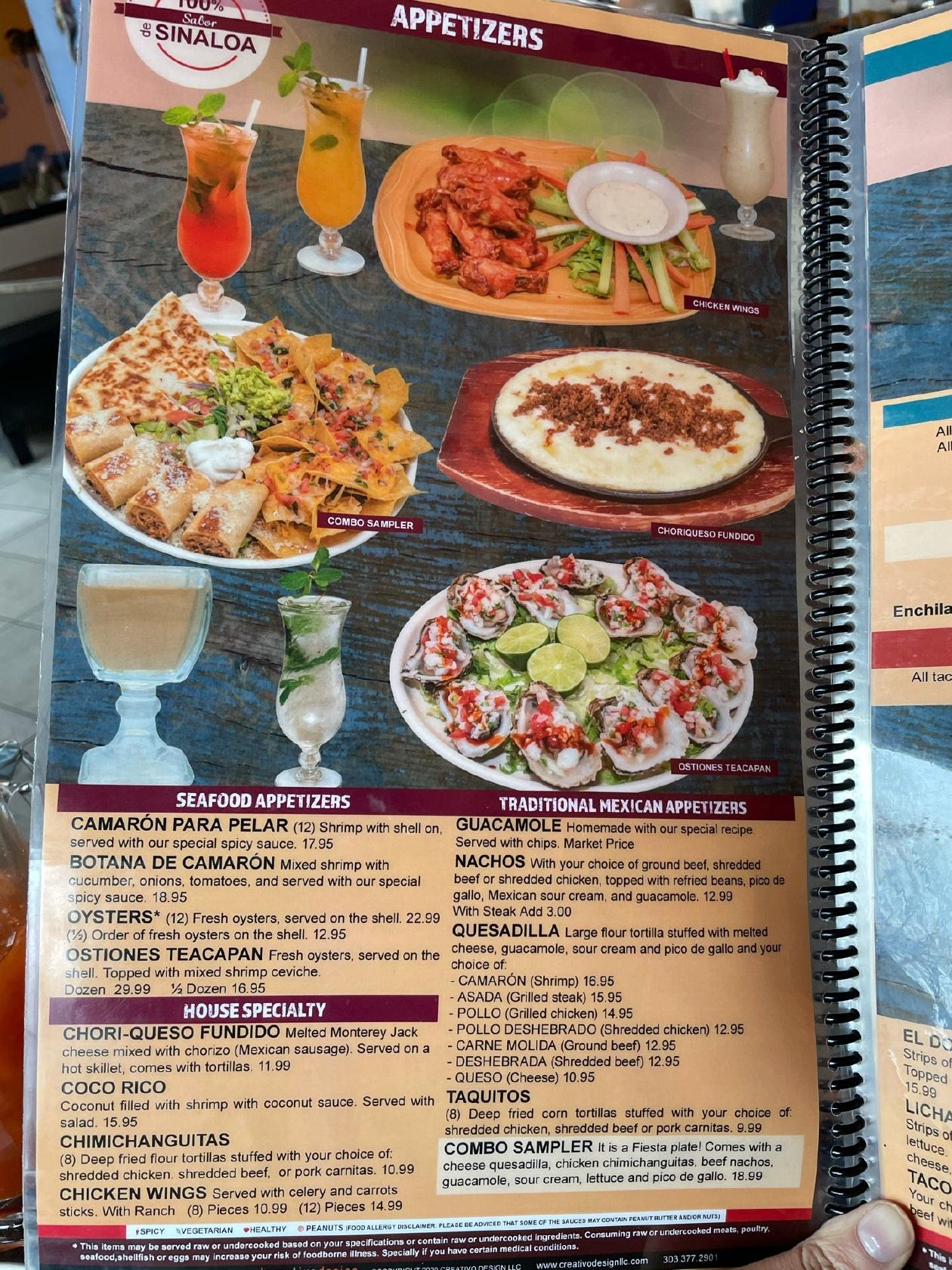 Menu at Sabor Mazatlan restaurant, Avon