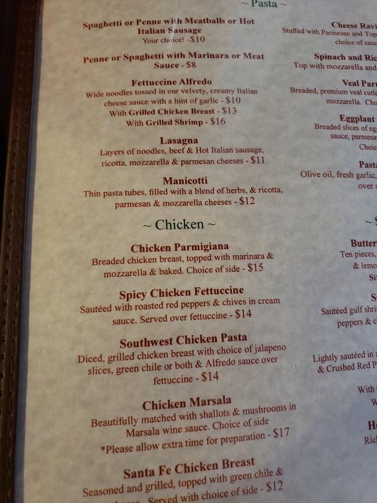 Menu at Marie's Italian Grill restaurant, Deming