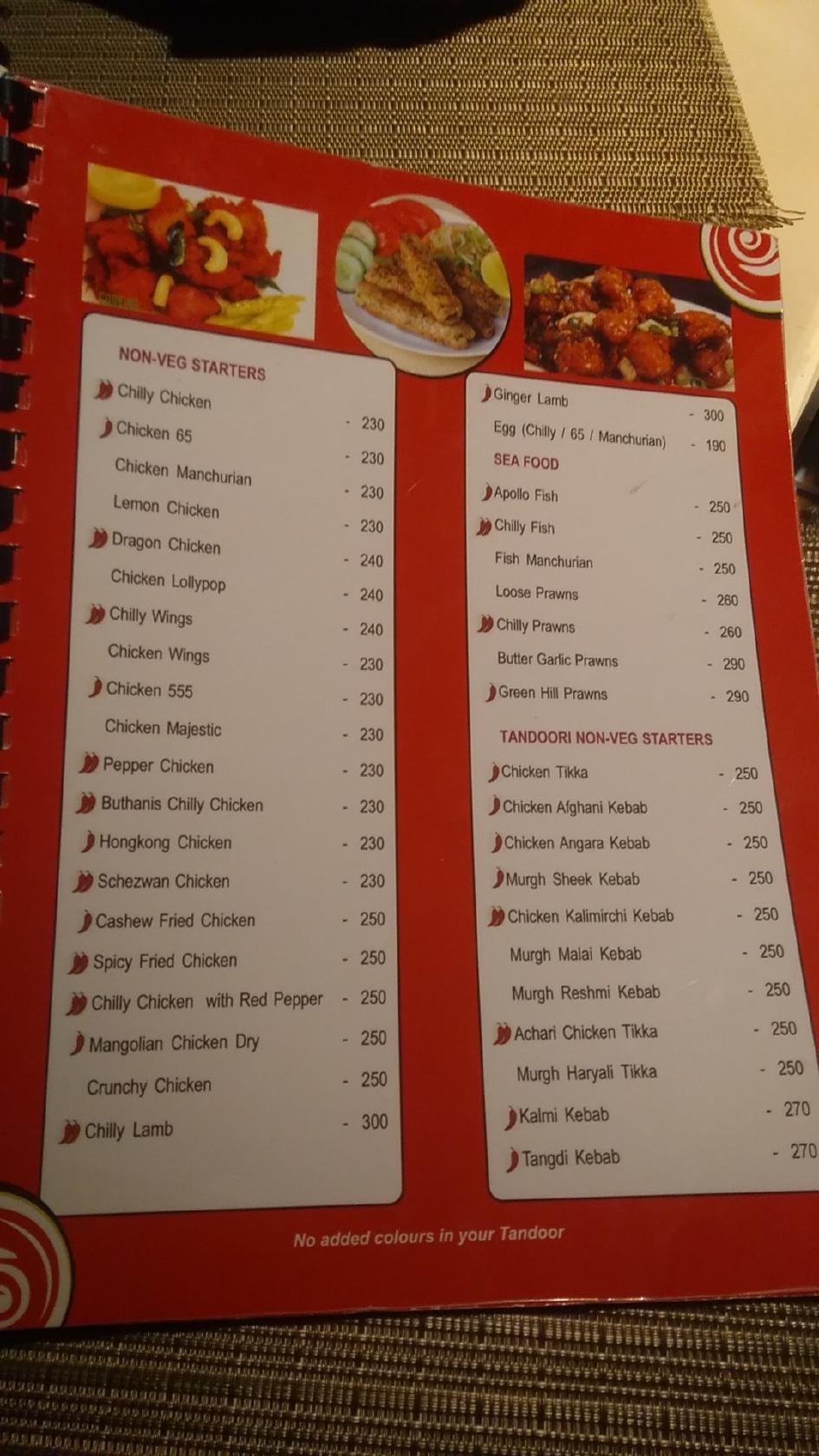 Menu at Southern Spice, Rajahmundry