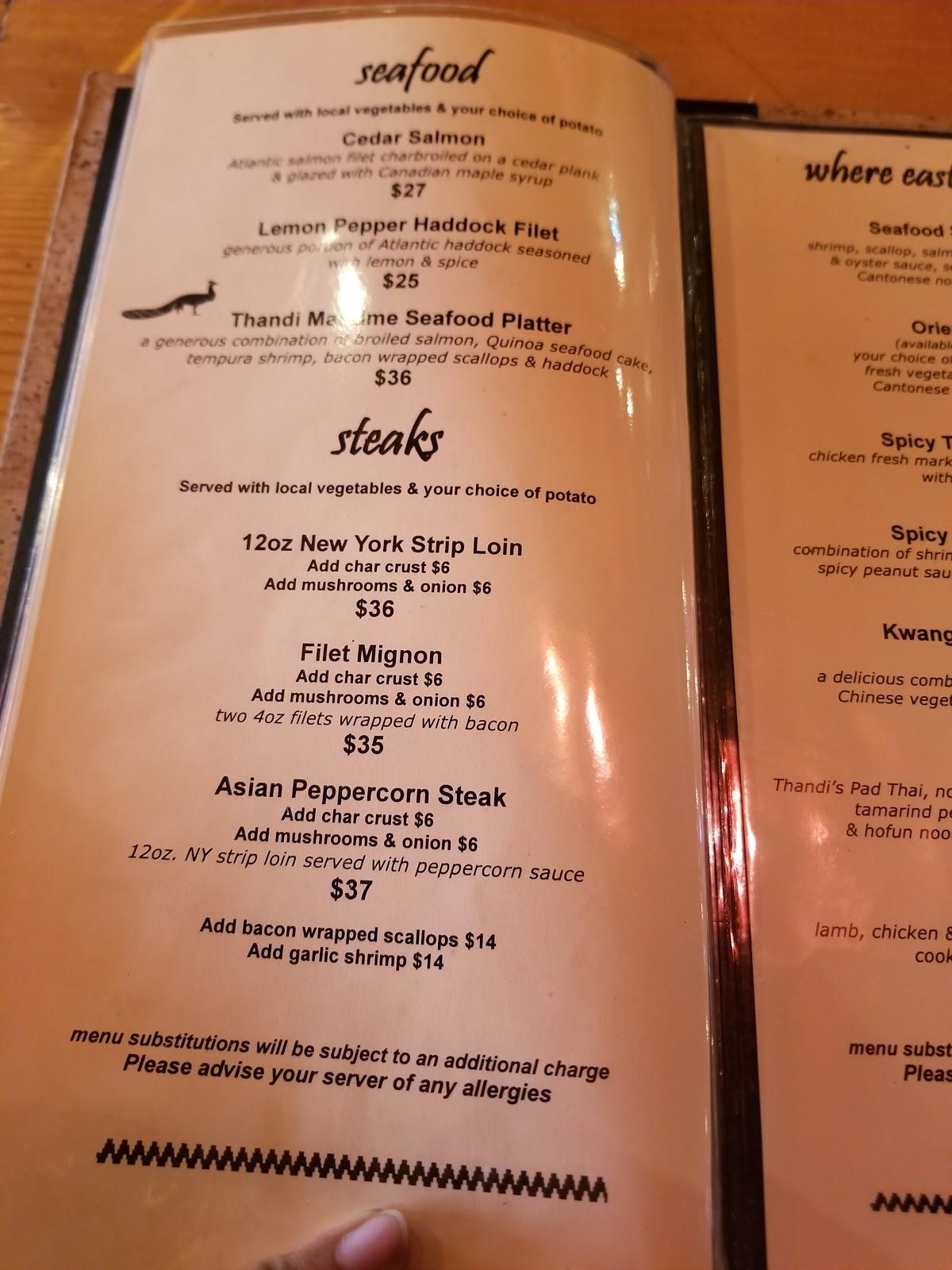 Menu at Thandi restaurant, Saint John