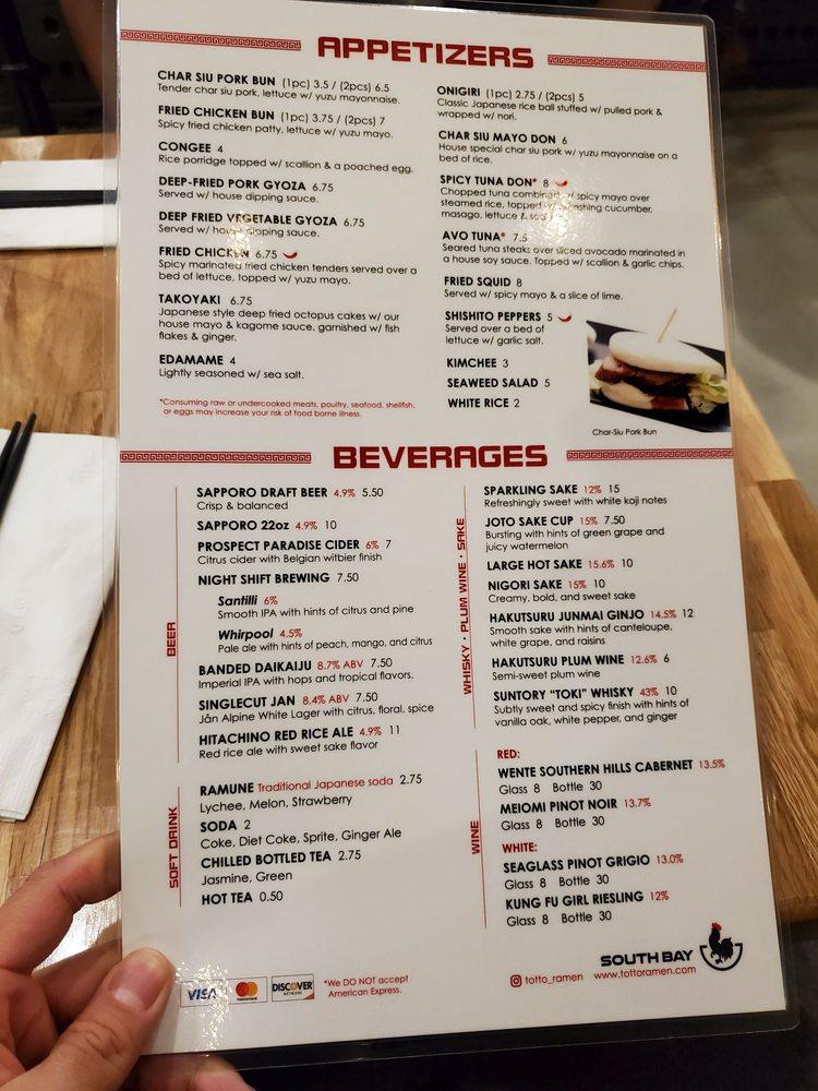 Menu at Totto Ramen restaurant, Boston, 20A District Ave