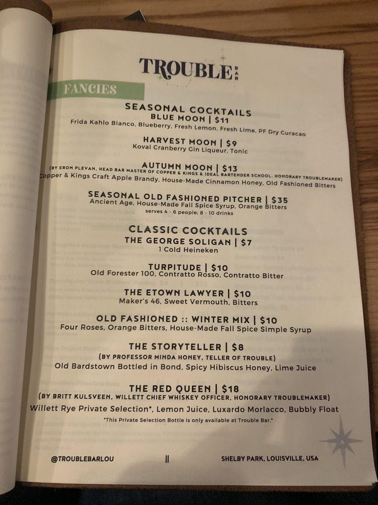 Menu at Trouble Bar, Louisville