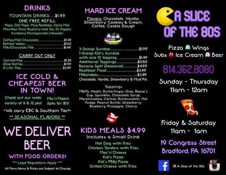 Menu at A Slice Of The 80s pizzeria, Bradford