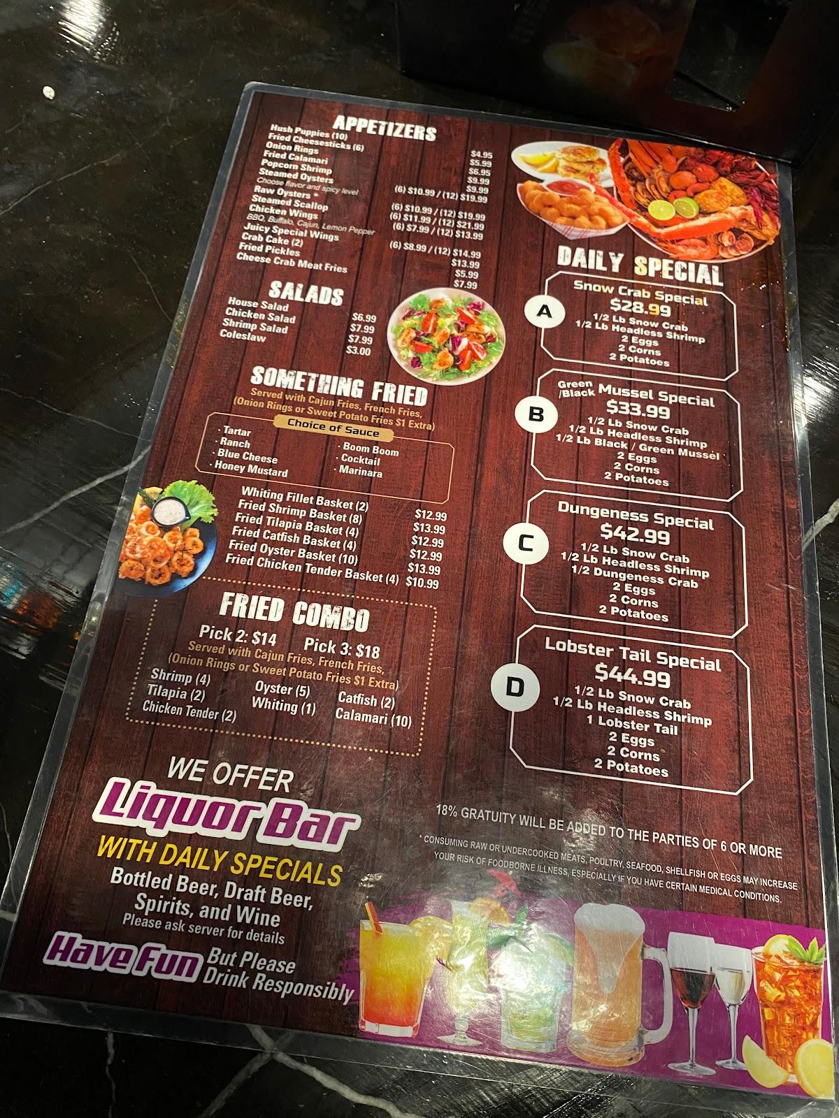 Menu at BOOM BOOM CRAB CAJUN SEAFOOD & BAR, Baltimore