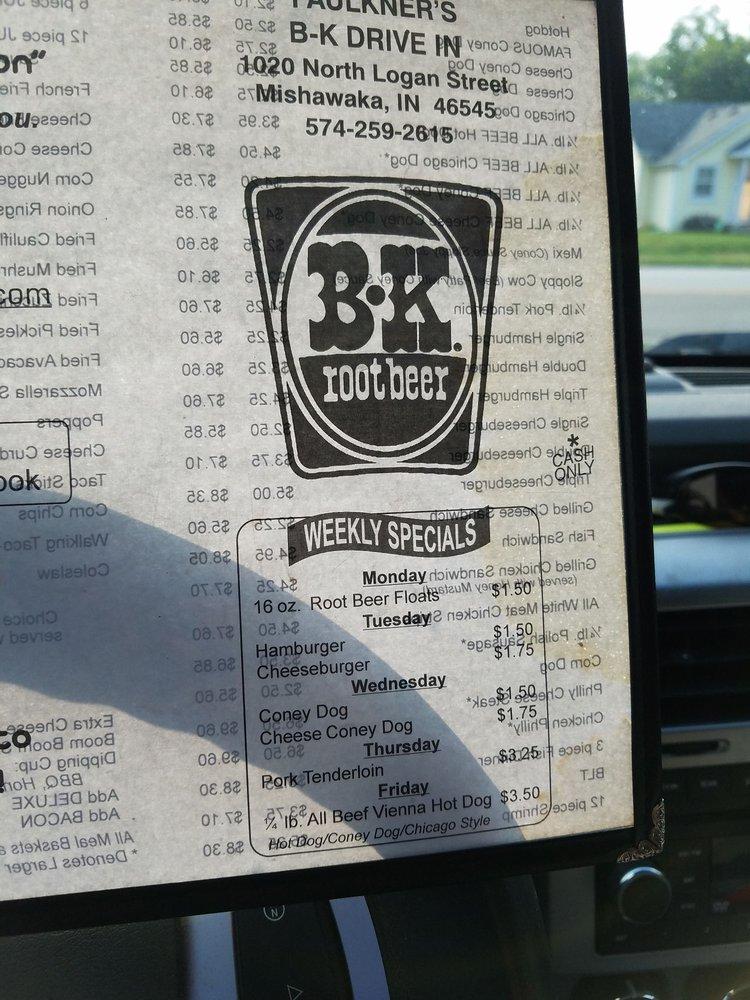 Menu at BK Root Beer Drive In restaurant, Mishawaka, Logan St