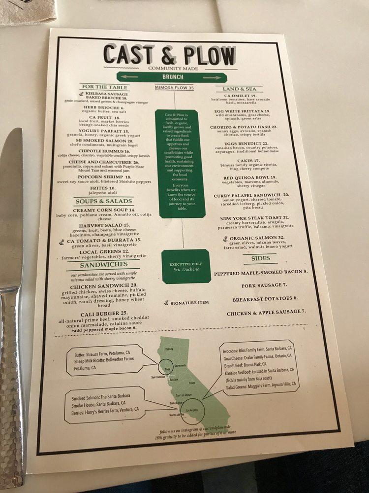 Menu at Cast & Plow restaurant, Marina del Rey