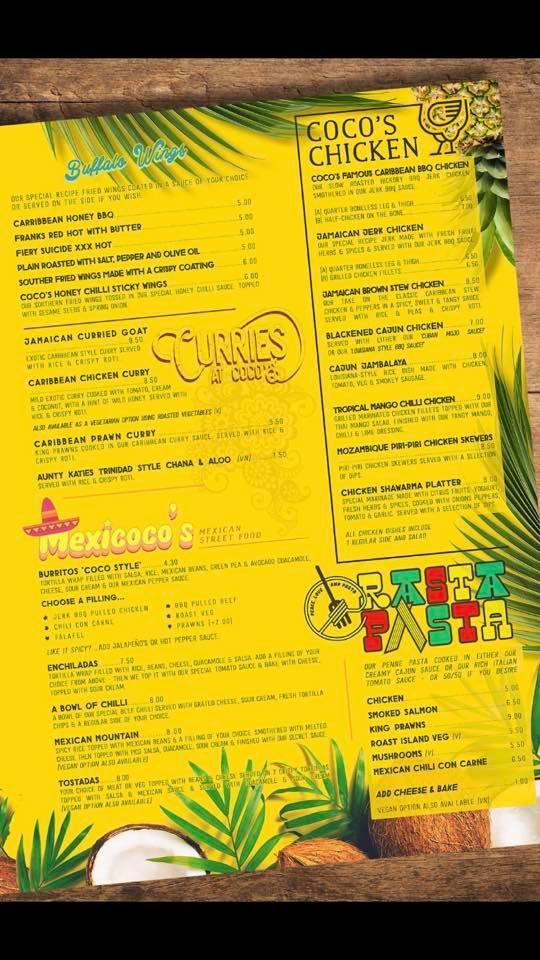 Carta del café Coco's Soul Food, Preston