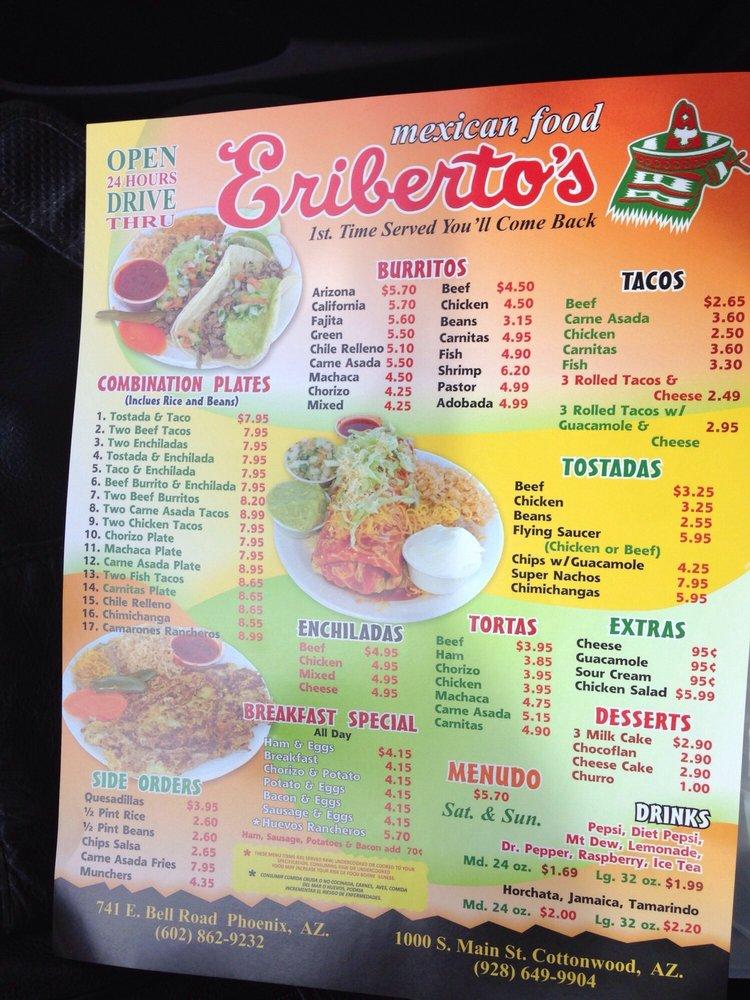 Menu at Eribertos Mexican Food restaurant, Cottonwood
