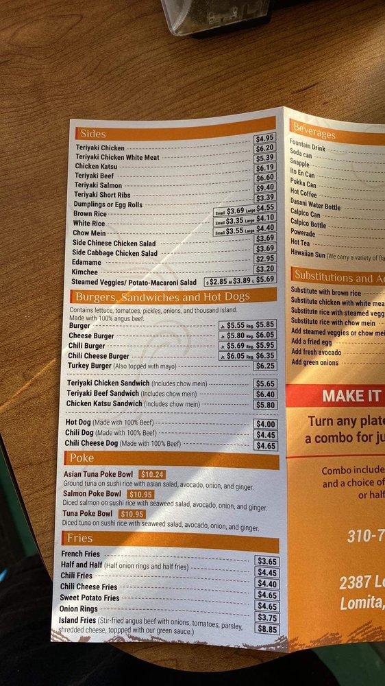 Menu at Island Hut restaurant, Lomita