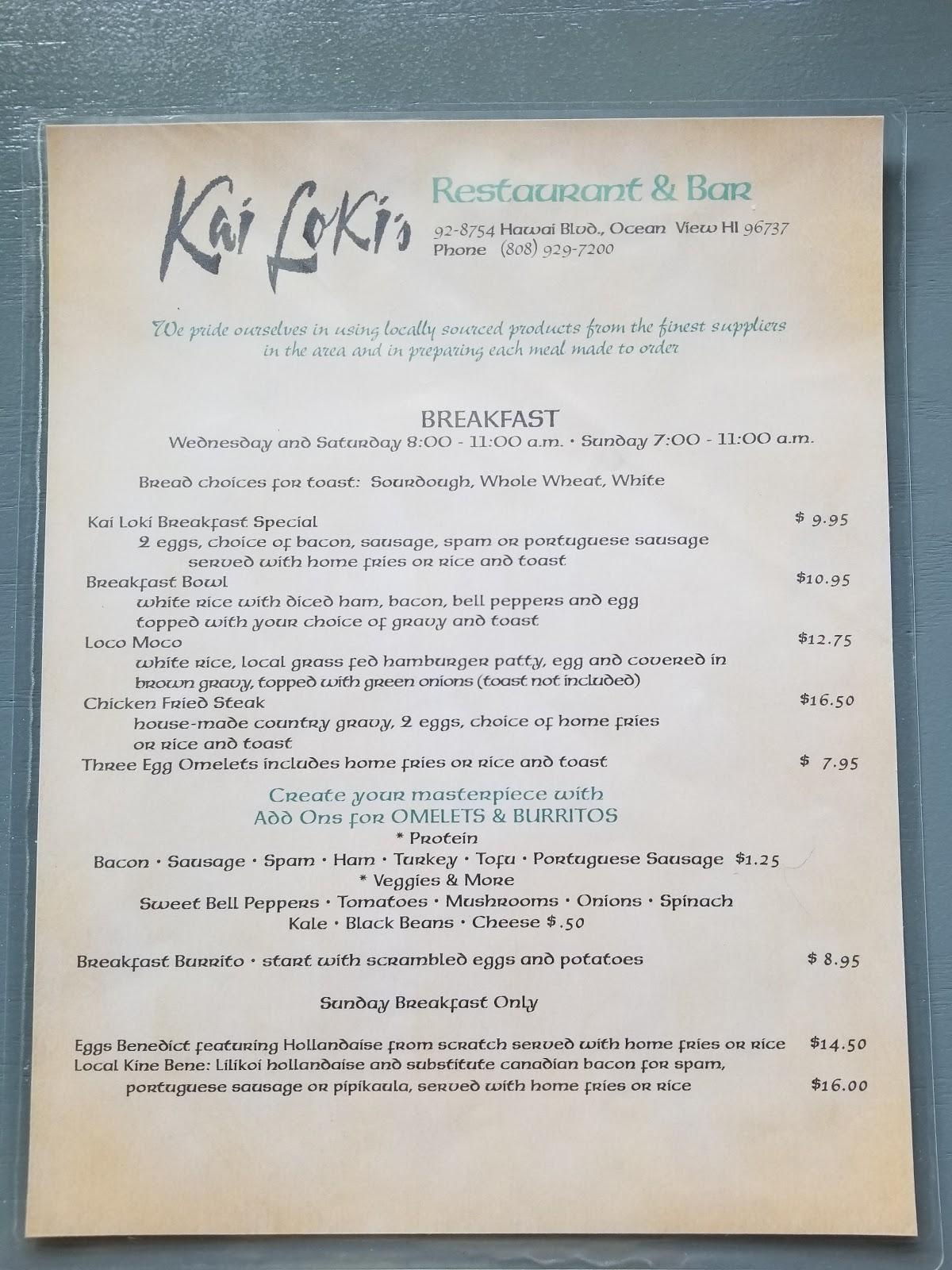 Menu at KaiLoki’s Restaurant Southernmost bar in the U.S, Ocean View