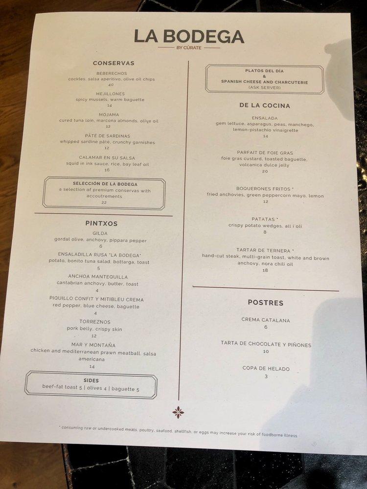 Menu at La Bodega by Cúrate restaurant, Asheville