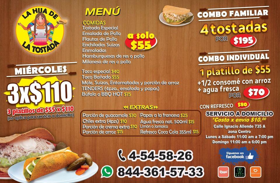 Carta del restaurante La Hija del La Tostada, Saltillo, Calle Ignacio ...