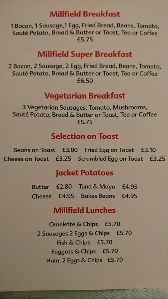 Menu at Millfield Cafe, Chard, 12 Millfield